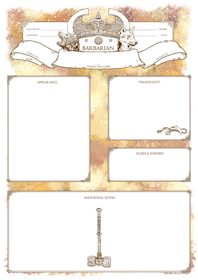3 Dungeons and Dragons DnD 5e Barbarian Character Sheets Pack Fantasy ...