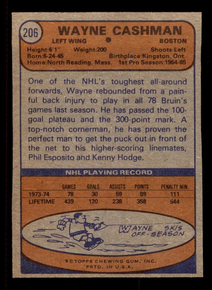 1974 Topps Hockey #206 Wayne Cashman NM | eBay
