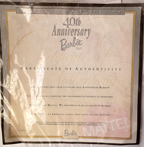 40th Anniversary Barbie 1999 Certificate of Authenticity C.O.A. 21384 ...