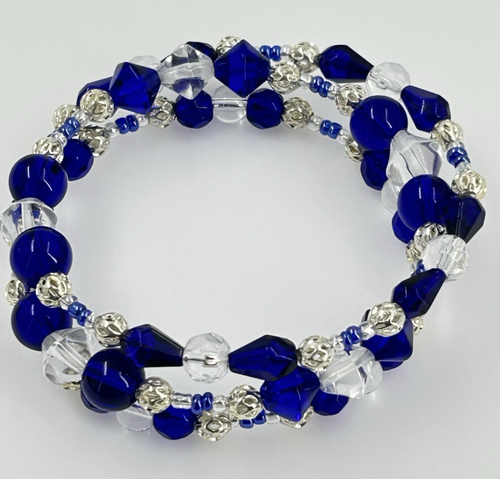 Cobalt Blue Glass Silver Tone Filagree Clear Glass Womens Memory Wire ...
