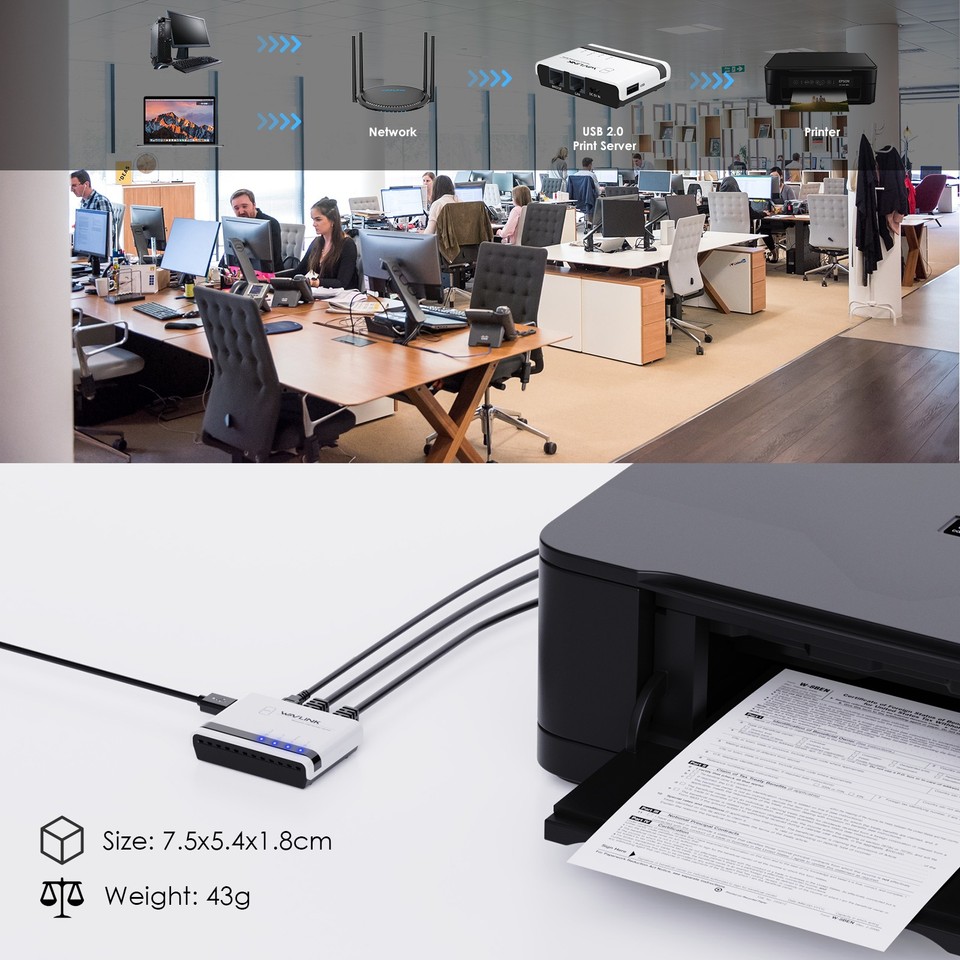 USB Wireless Print Server 10/100Mbps Ethernet to USB 2.0 Network Print ...