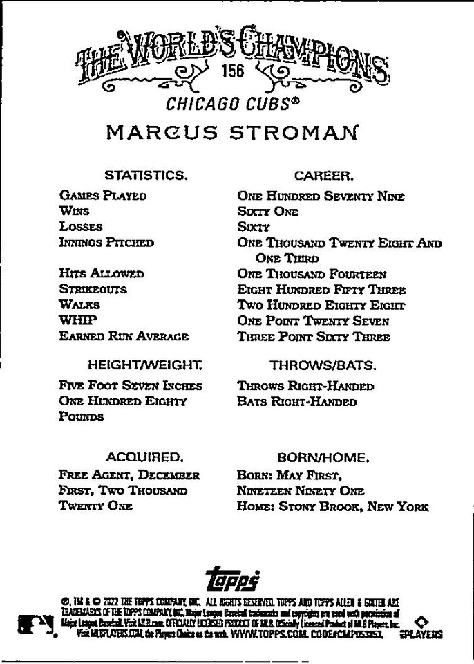 2022 Topps Allen & Ginter Marcus Stroman #156 Chicago Cubs | eBay