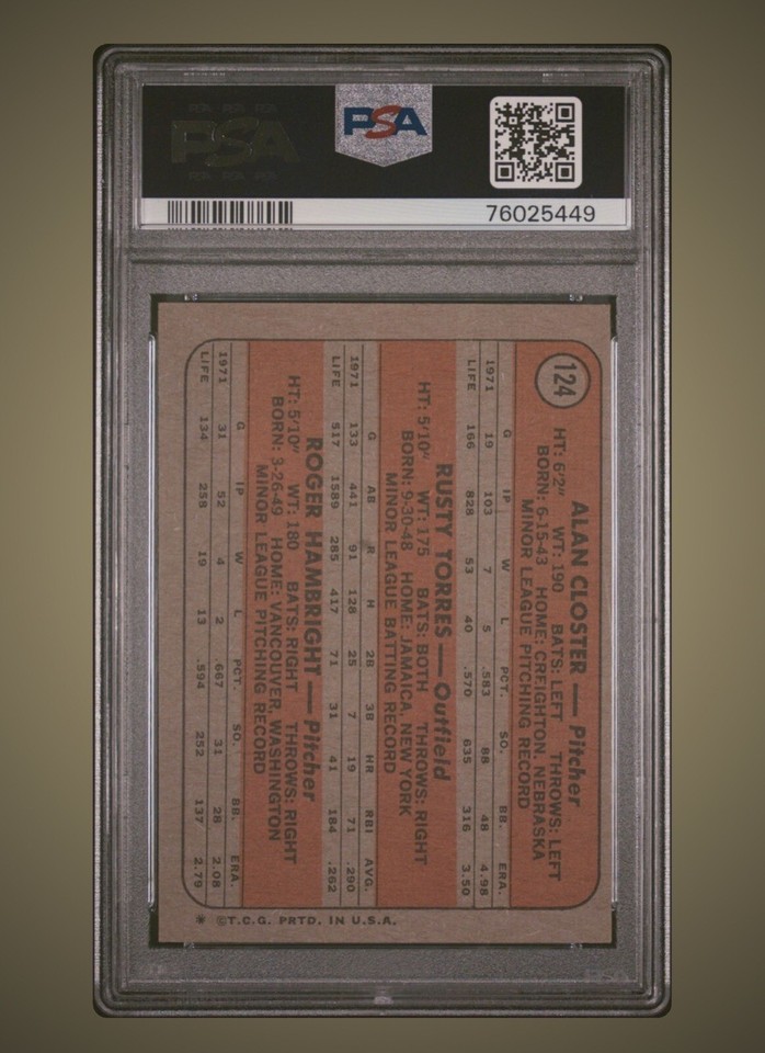 1972 Topps #124 Rusty Torres Rookie NY Yankees Dual Graded PSA 7 Auto ...