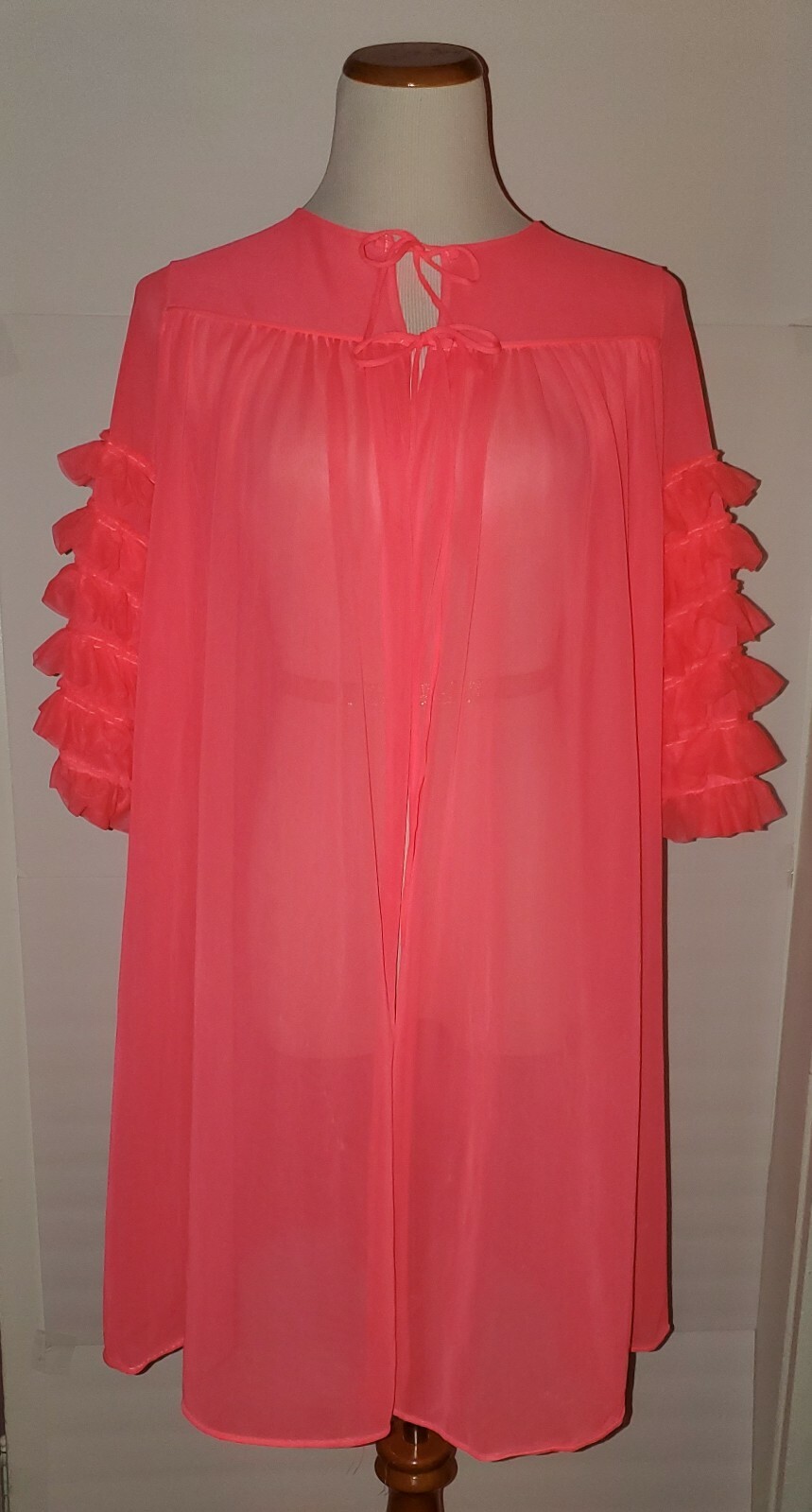 Vtg 60s Pink Nightgown Robe Peignoir Negligee Ruffle Sleeves Chiffon ...