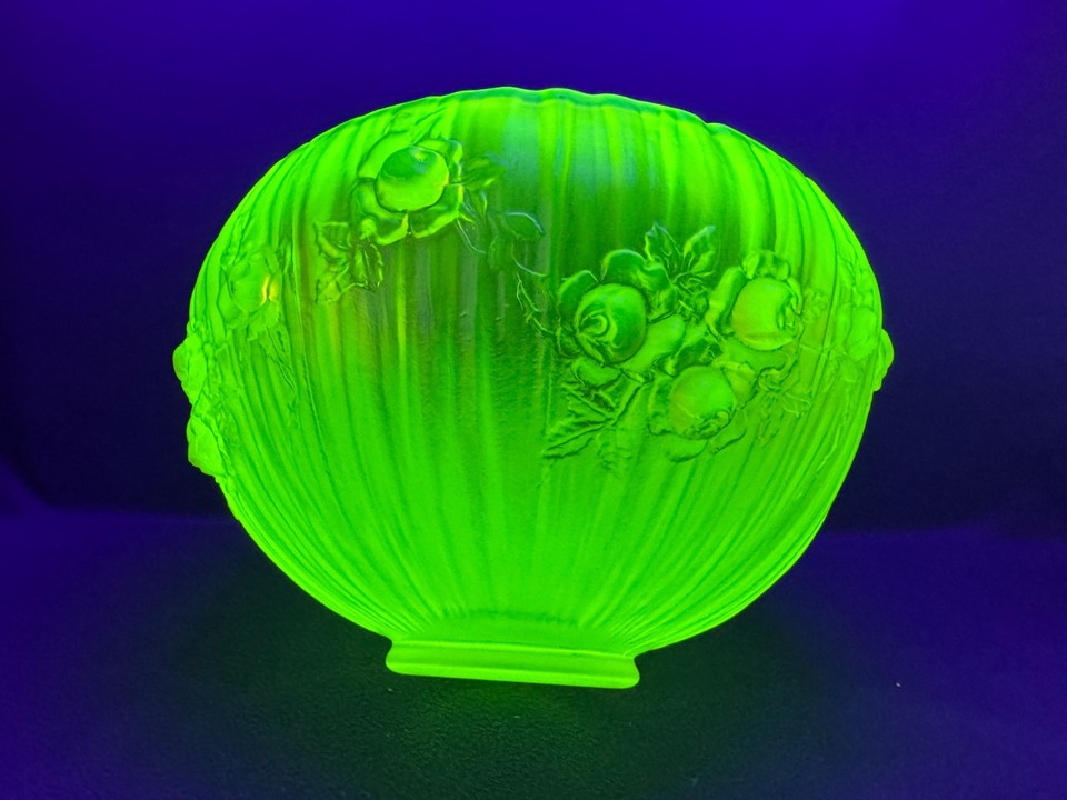 Uranium Glass Tiffin Large Bowl Cabbage Rose Vaseline Satin Vintage ...