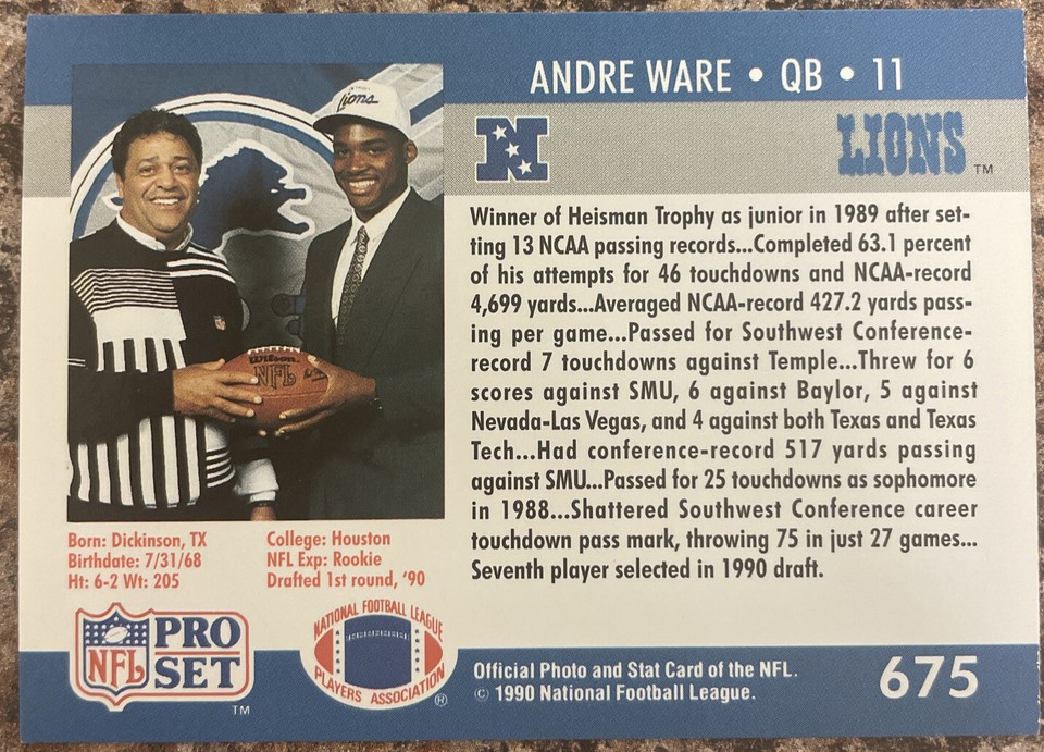Andre Ware 1990 Lions Draft First Round Official NFL Card #675 | eBay