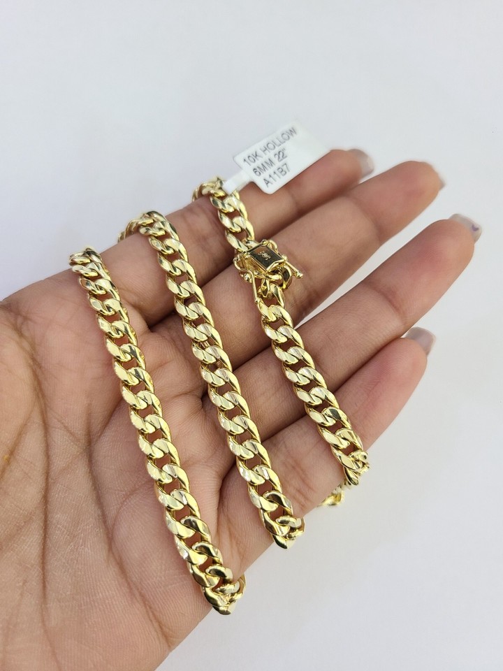 Real 10k Hollow Miami Cuban Link Chain Yellow Gold 6mm Necklace 22 Inch ...