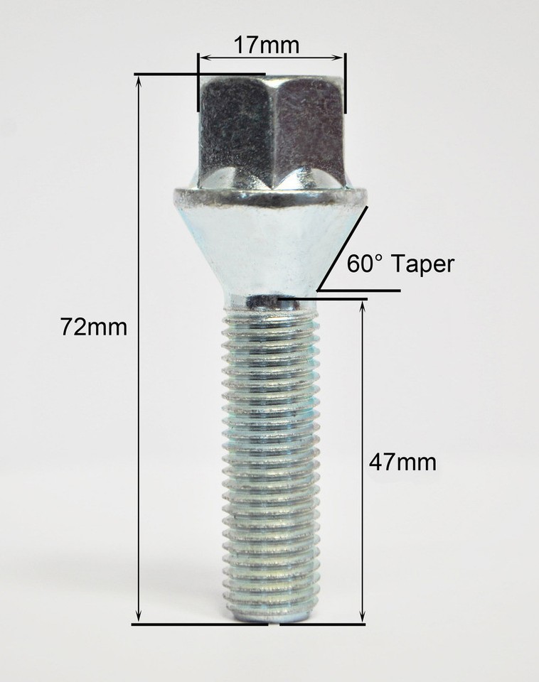 10 x M12 x 1.5, 47mm Thread, Tapered Wheel Bolts (Silver) | eBay