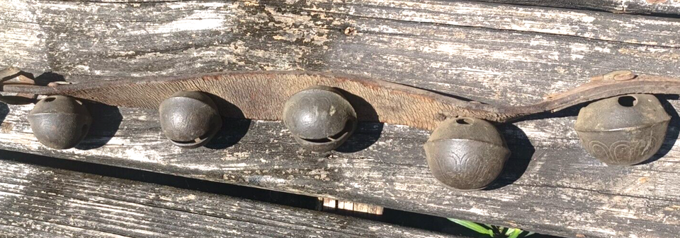 Antique Brass Engraved Sleigh Bells Numbered Original Strap 8Ft Long 24 ...