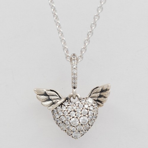 New Pandora Pave Heart Angel Wings Necklace Pendant 398505C01-45 W ...