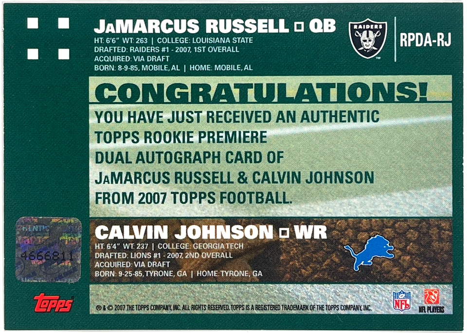 2007 Topps Rookie Premiere Calvin Johnson/JaMarcus Russell Red Auto RC ...