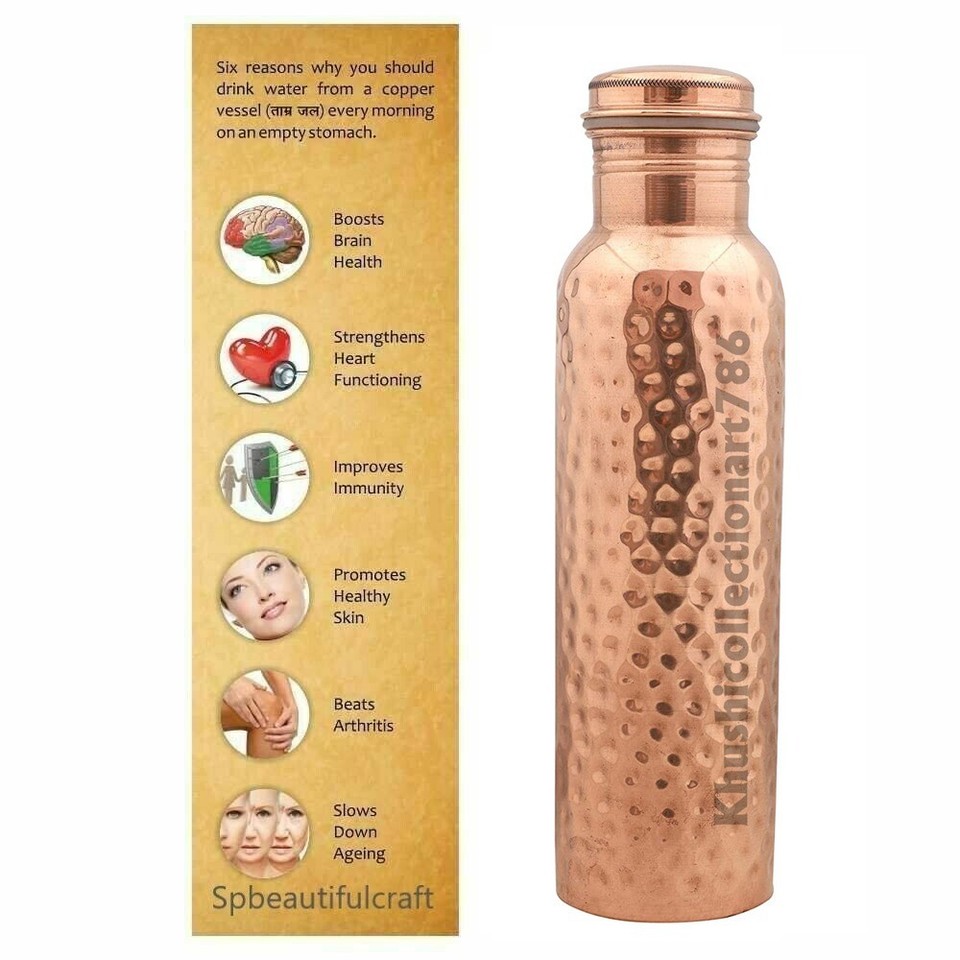 Pure Copper Hammered Water Bottle Drinking Flask Health Benefits 1000ml ...