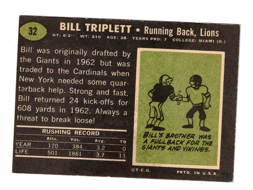 1969 VINTAGE TOPPS FOOTBALL 32 BILL TRIPLETT (DETROIT LIONS) (RC) | eBay