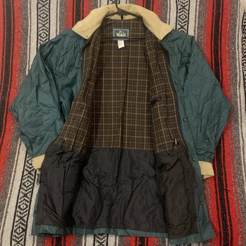 VTG Woolrich Chore Coat Men L Nylon Rain Jacket Corduroy Collar Flannel ...