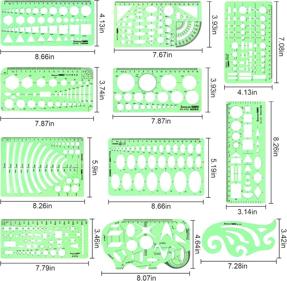 11PCS Geometric Drawings Templates, Drafting Stencils Measuring Tools ...