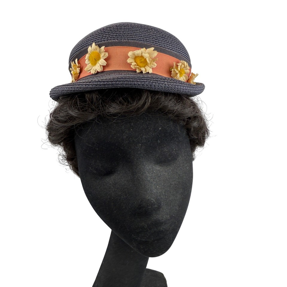 Vintage Michael Roy Womens Navy Blue Straw Hat Coral Ribbon Flowers ...