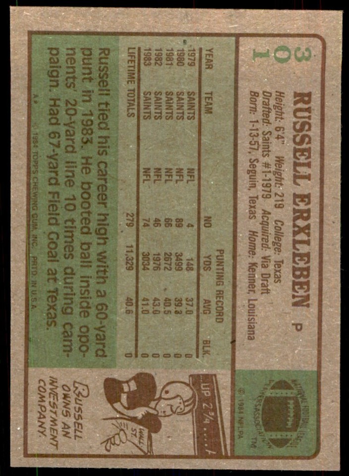 1984 Topps* Russell Erxleben New Orleans Saints #301 | eBay