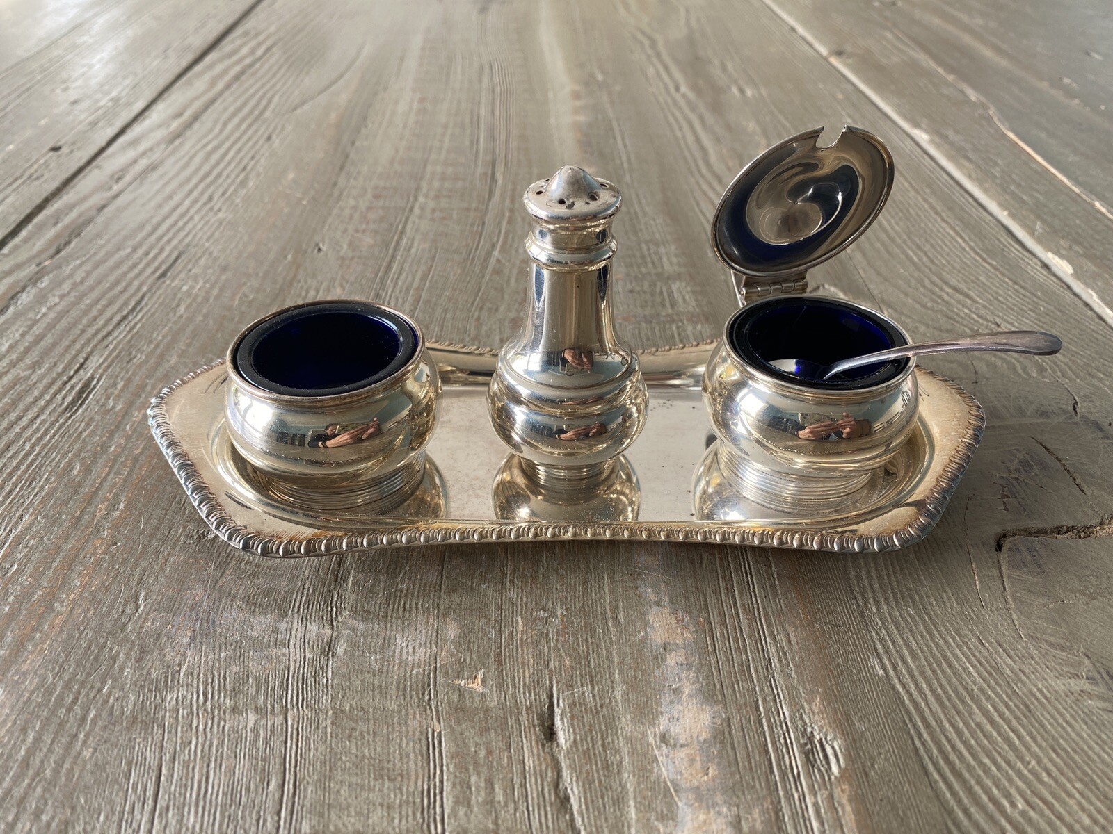 Vtg EPNS England Silver Salt Cellar Shaker Condiment Cobalt Blue Glass ...