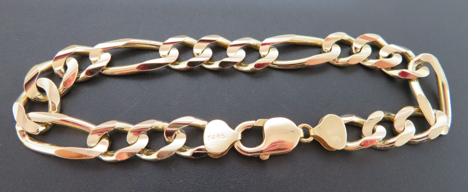 14K YG MEN'S FIGARO LINK BRACELET 8.5" LONG 9.24 MM WIDE 25.72 grams ...