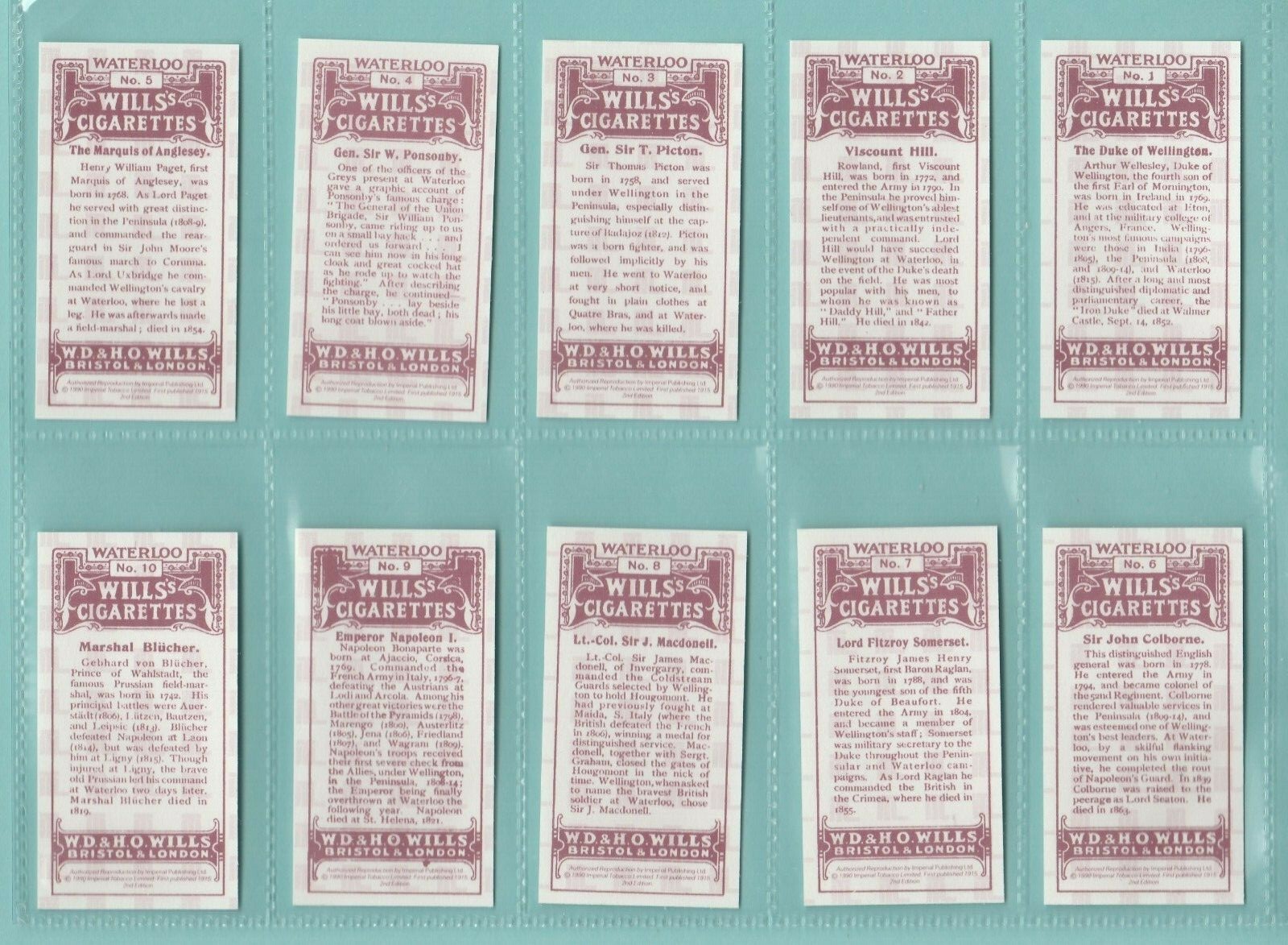 REPRODUCTION SET OF 50 W.D. & H.O. WILLS LTD. - WATERLOO CARDS OF 1915 ...