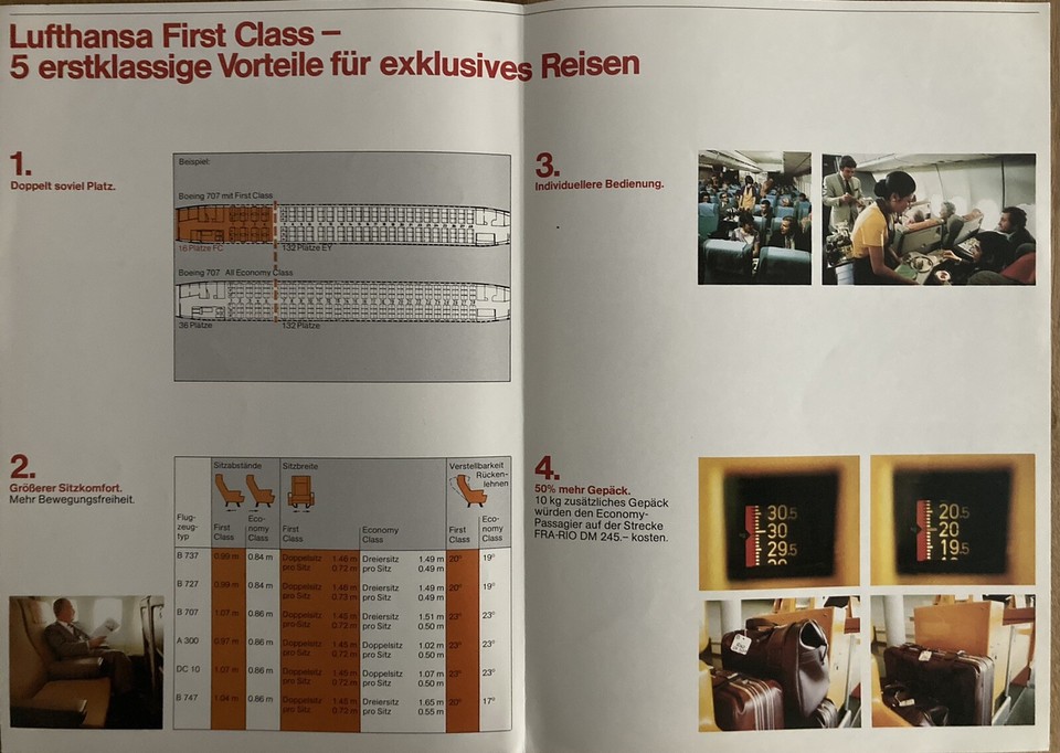 1976 LUFTHANSA AIRLINES FIRST CLASS SENATOR SERVICE BROCHURE B707 ...