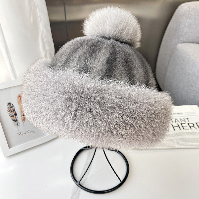Winter Women's Real Full Mink Fur Beanie Warm Thicken Fox Fur Trim Hats ...