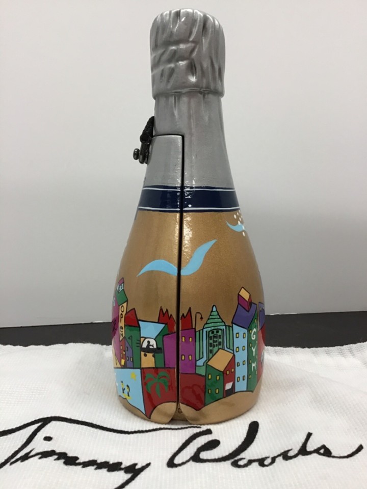 CHAMPAGNE BOTTLE TIMMY WOODS Beverly Hills Carved Acacia Wood Handbag w ...