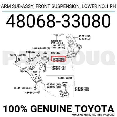 4806833080 Genuine Toyota ARM SUB-ASSY, FRONT SUSPENSION, LOWER NO.1 RH ...