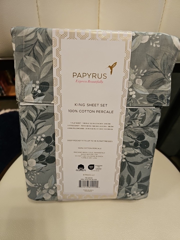 Papyrus King Sheet Set Winter Blues Holiday Holly Christmas 100% Cotton ...