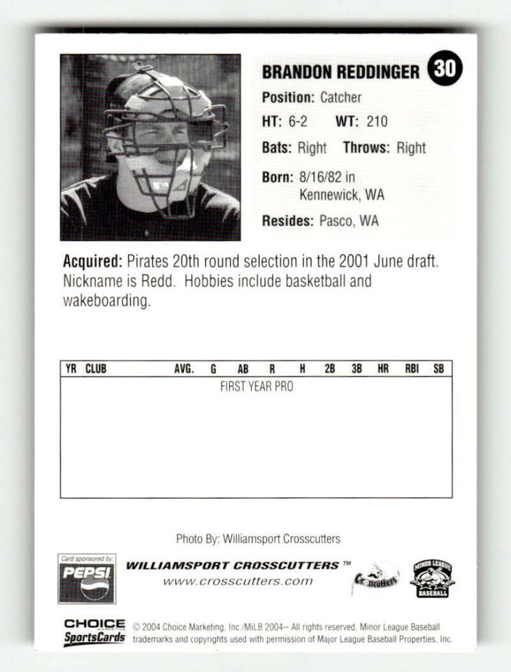 2004 Choice Williamsport Crosscutters #30 Brandon Reddinger NM Near ...