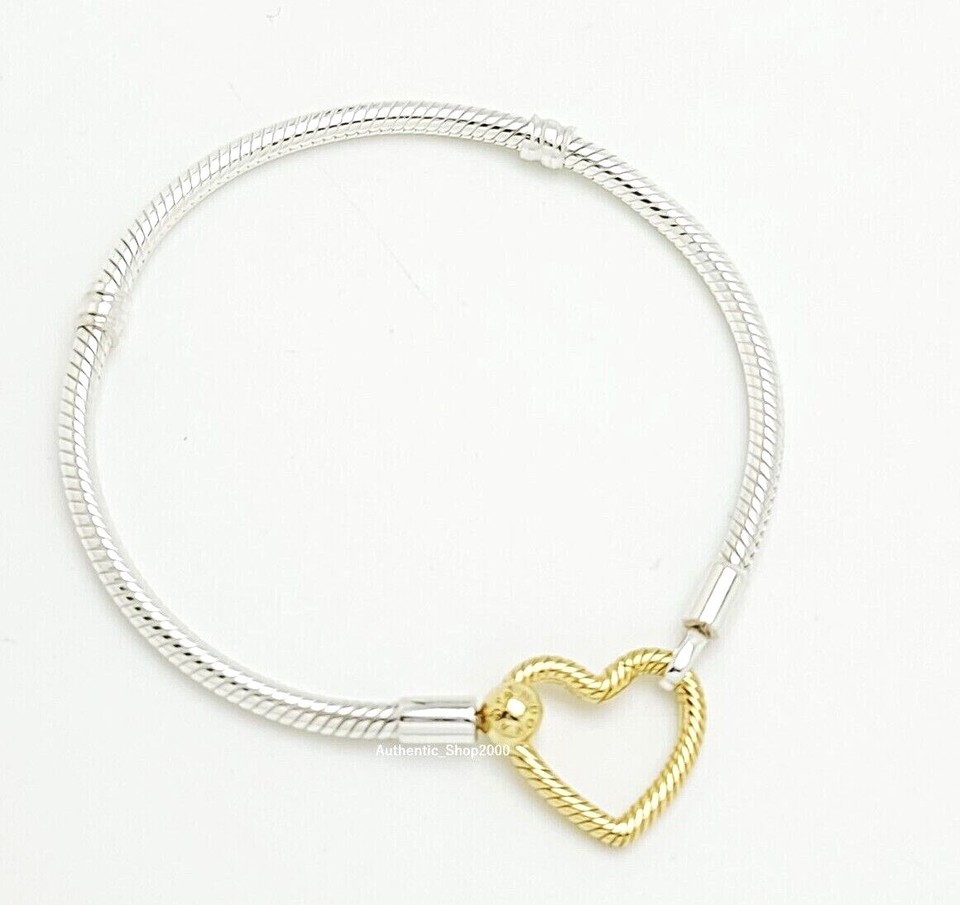 NEW 100% PANDORA 925 Gold Heart Closure Snake Chain Charm Bracelet ...