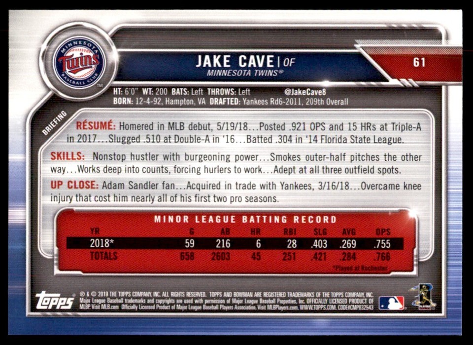 2019 Bowman. Jake Cave Baseball Cards #61 | eBay