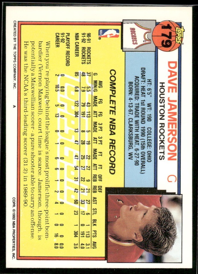 1992-93 Topps #179 Dave Jamerson Gold | eBay