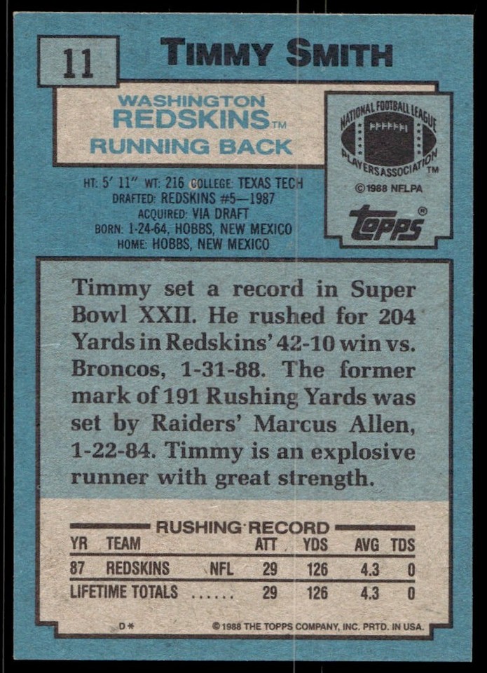1988 Topps Timmy Smith Rookie Washington Redskins #11 | eBay