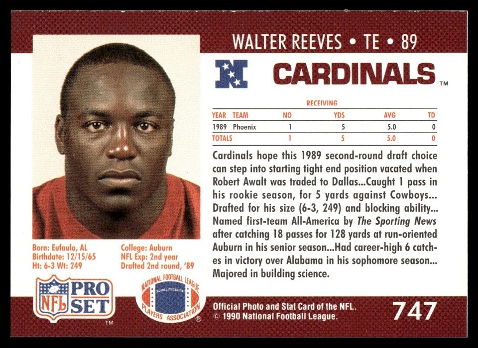 1990 Pro Set Walter Reeves Rookie Phoenix Cardinals #747 | eBay