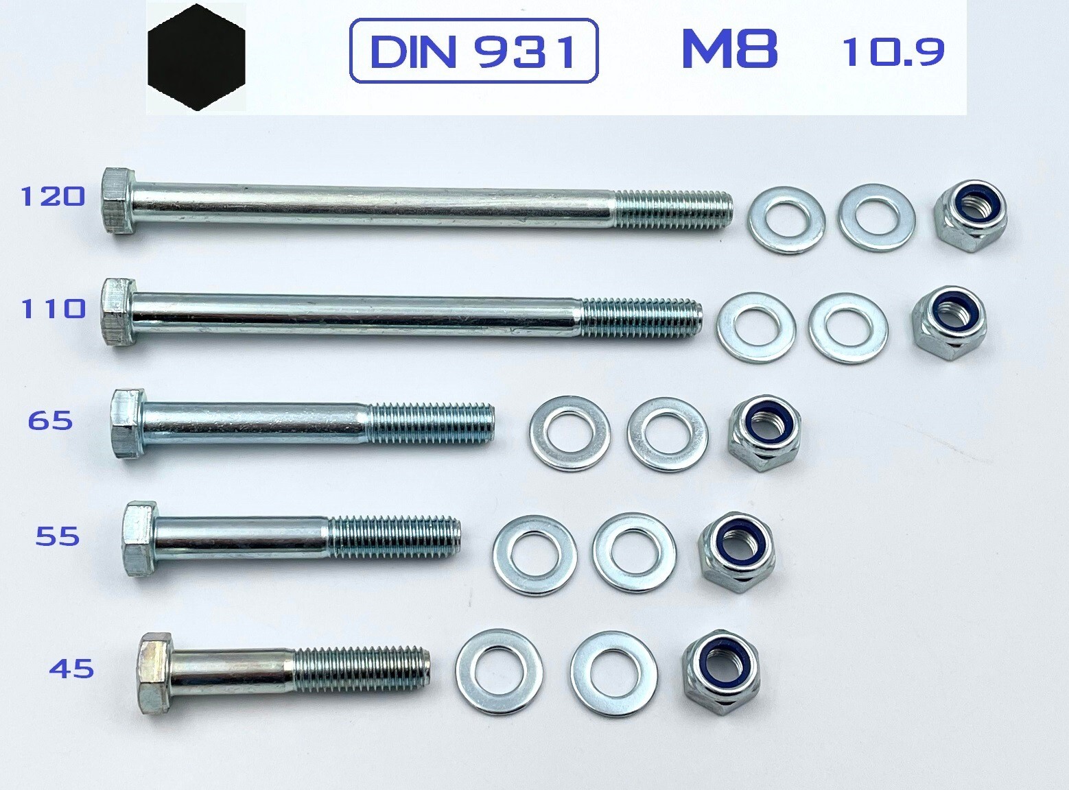 5 St. Schaube ISO 4014 M8x45 10.9 verzinkt + Mutter M8 DIN 985 + 2x U ...