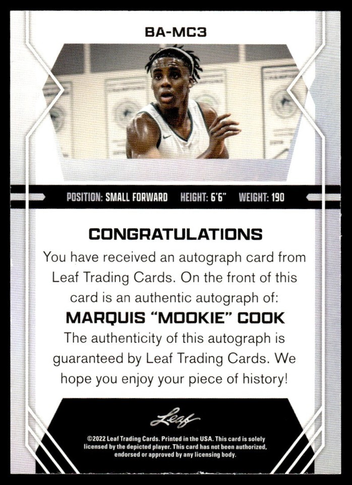 Marquis "Mookie" Cook 2022-23 Leaf Draft Auto Autograph Blue /30 Oregon ...