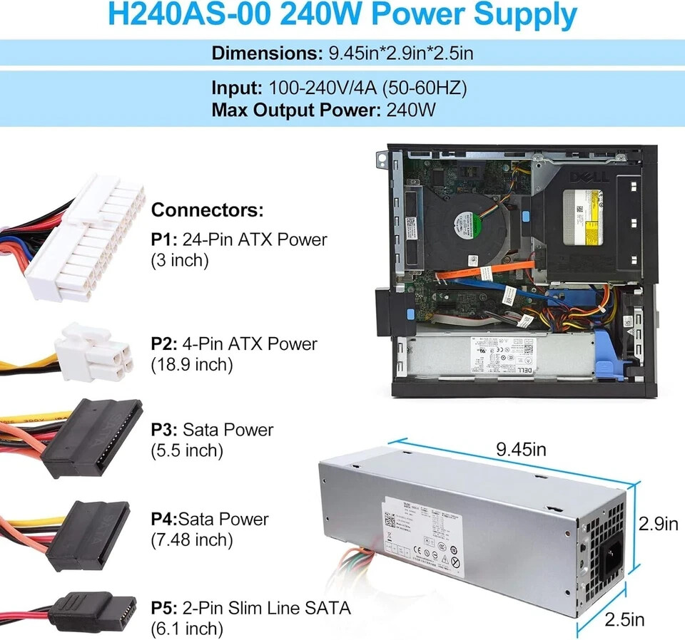 240W Power Supply for Dell OptiPlex 390 790 960 990 3010 9010 Small ...
