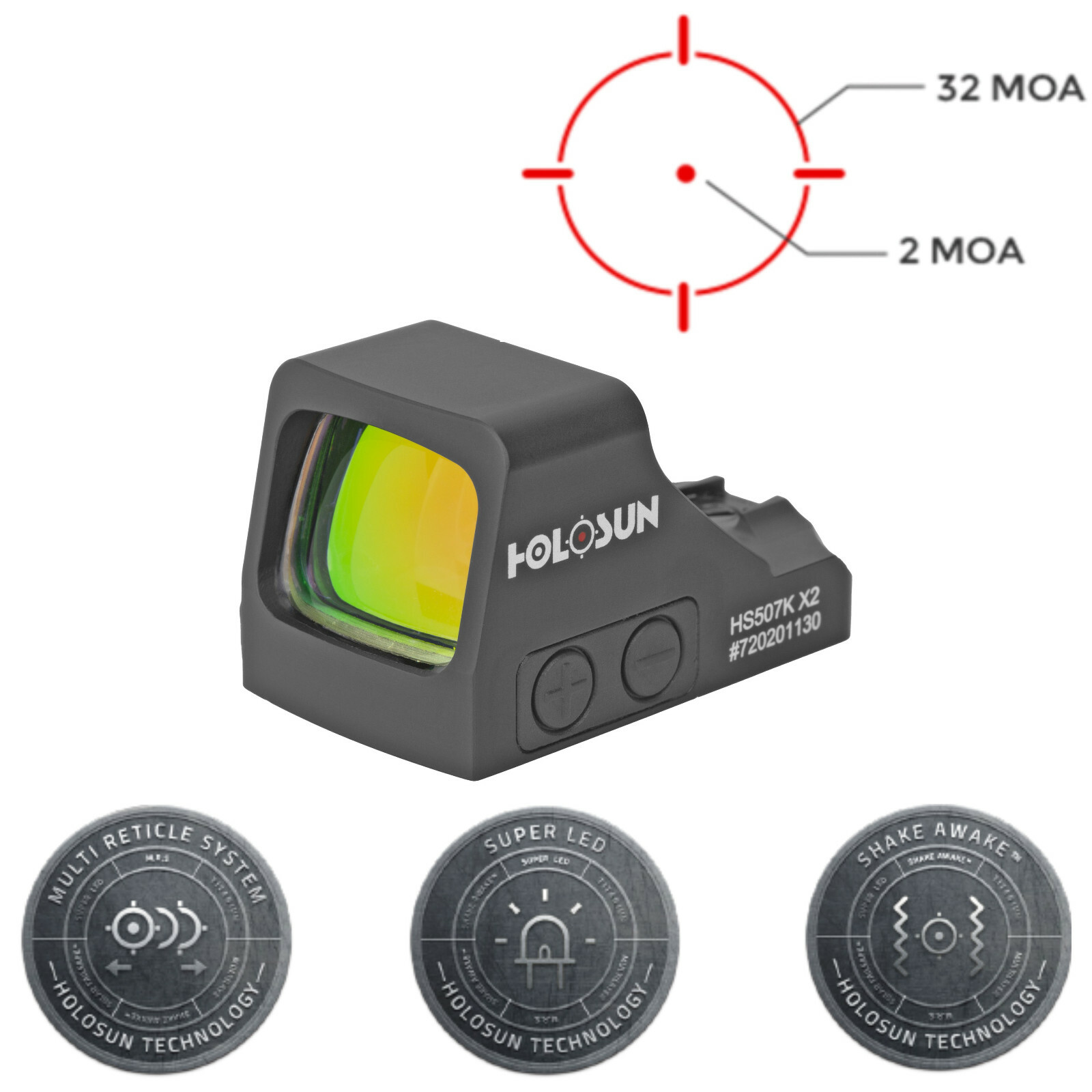 HOLOSUN 507K X2 Open Reflex Sight - Red Reticle 2MOA Dot 32MOA Circle ...
