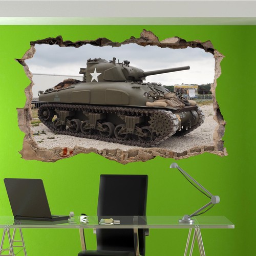 ARMY MILITARY SHERMAN TANK WALL STICKERS 3D ART MURAL ROOM OFFICE SHOP ...