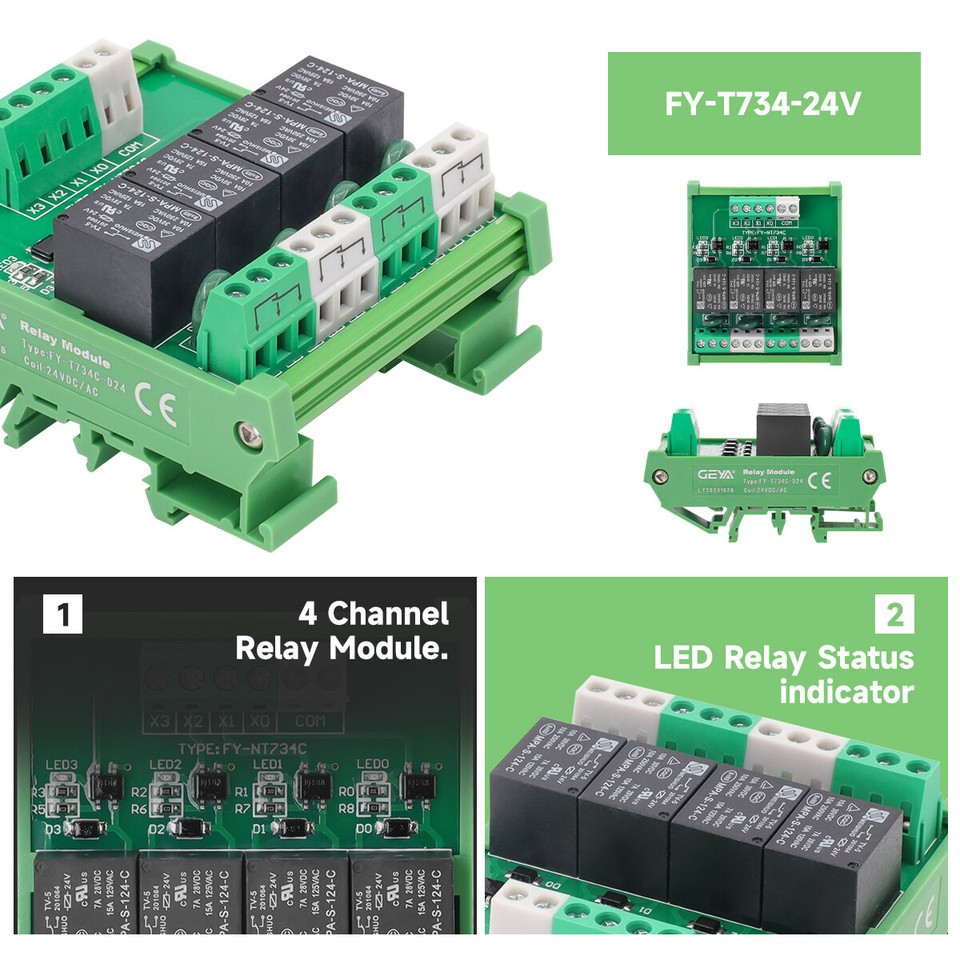 GEYA 4 Channel Relay Module 1 SPDT AC/DC 24V Interface Relay Module DIN ...