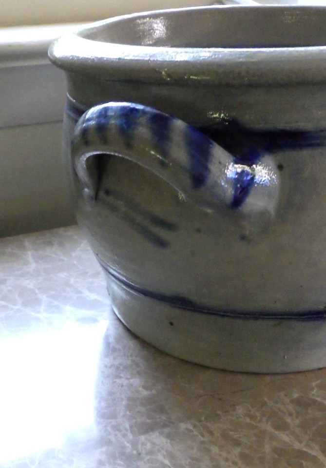 Antique 1800s Salt Glazed Grey Stoneware Cobalt Crock 2 Handles -Marked ...