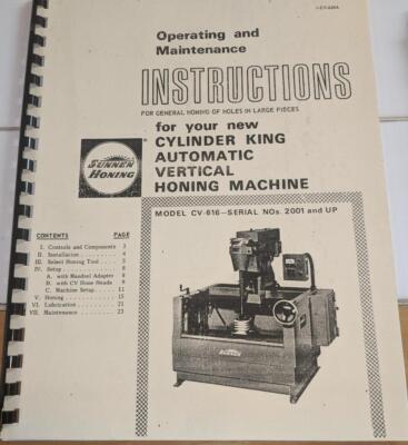 Sunnen CV-616 Cylinder King Auto Vertical Honing Machine Instructions ...