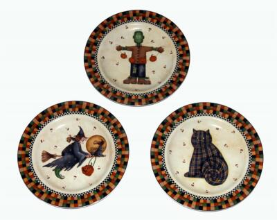3 Debbie Mumm HALLOWEEN Witch Scarecrow Cat 8-1/4" Salad Plates NIB ...