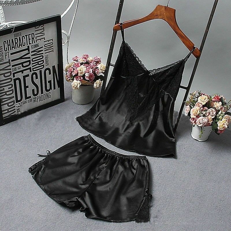 Lady Satin Lace Splice Pyjama Set Vest Camisole Top Shorts Lingerie ...