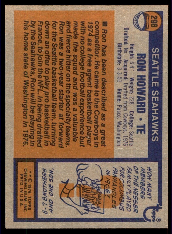 1976 Topps Ron Howard Football Card Seattle Seahawks #298 | eBay