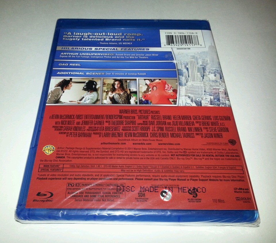 Arthur (Blu-ray Disc, 2011, 2-Disc Set) RUSSELL BRAND, JENNIFER GARNER ...