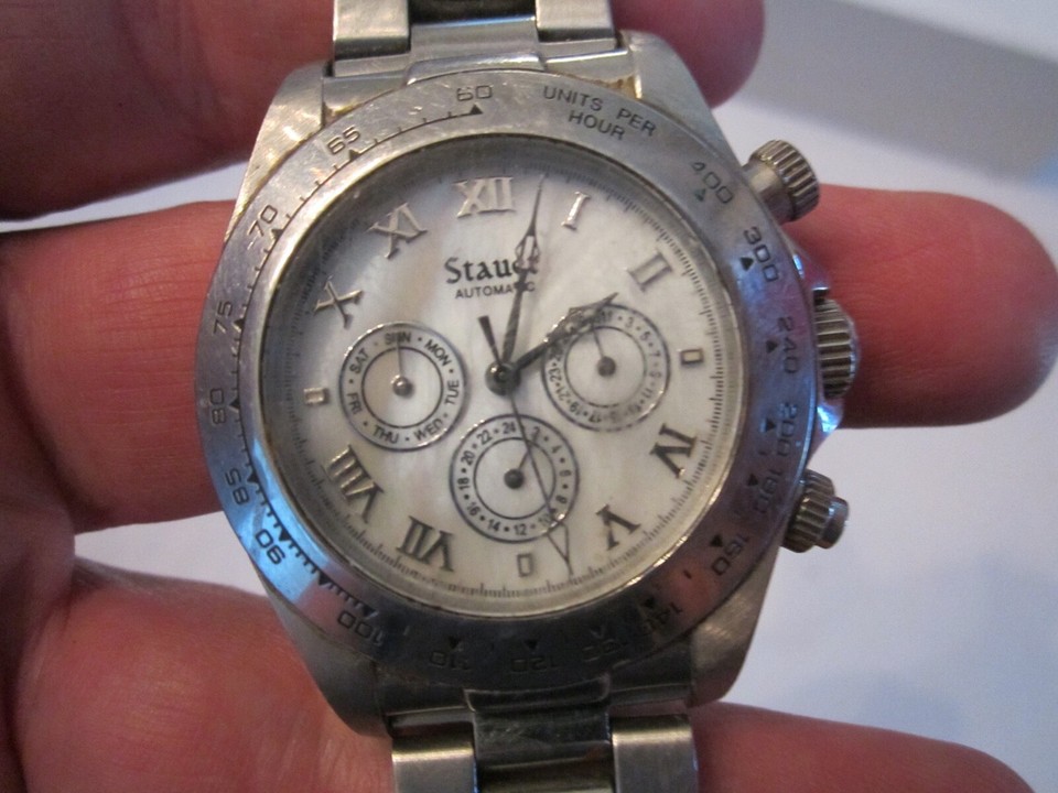 STAUER AUTOMATIC WATCH - TRIPLE DATE - MOP DIAL - THICK CASE - BBA-26 ...