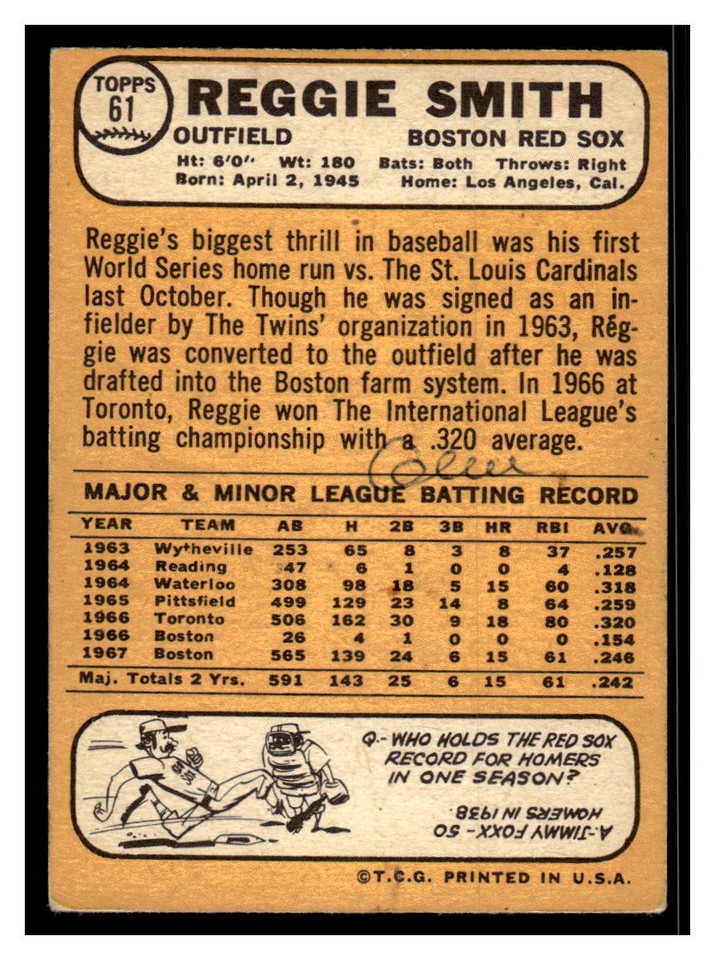 1968 Topps Baseball #61 Reggie Smith 126E-10 | eBay