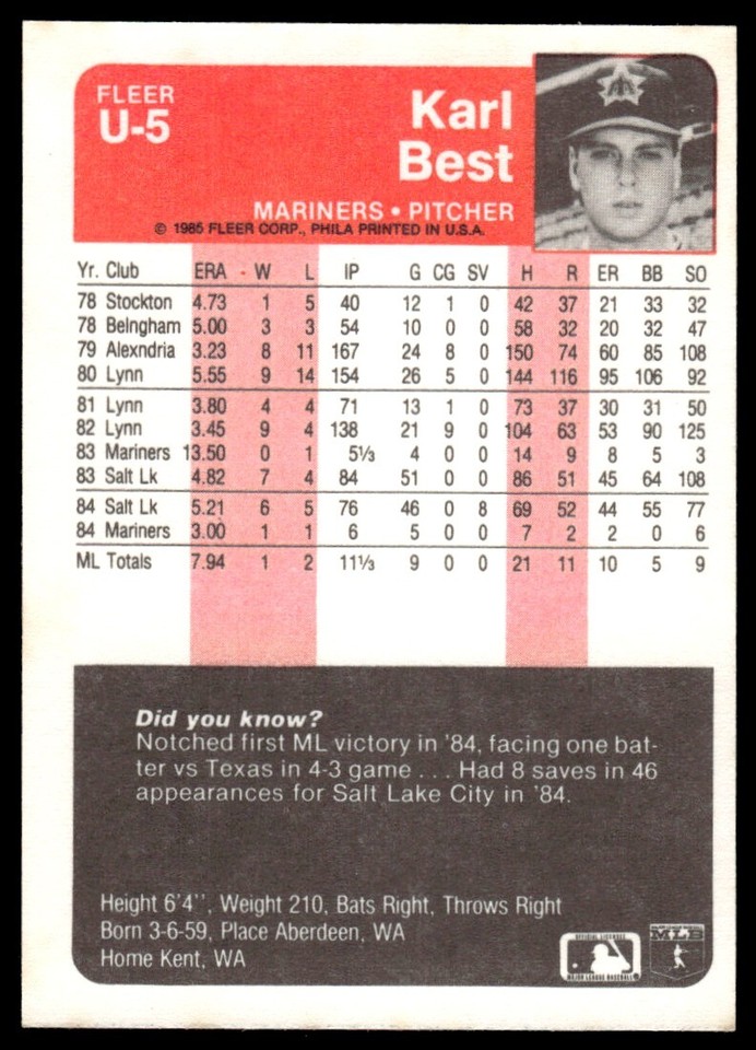 1985 Fleer Update Karl Best Seattle Mariners #U-5 | eBay